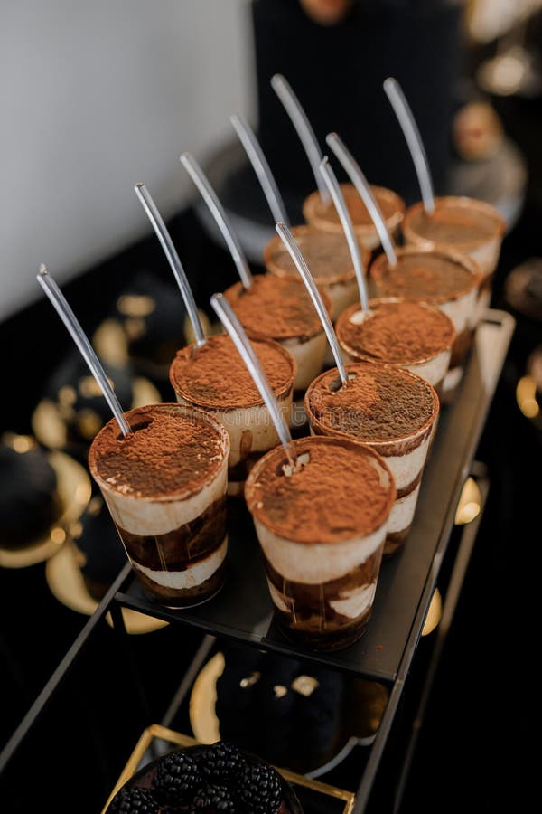 Sweet Luxury Candy Bar on Table in Restaurant in Black Tone. Cakes and ...