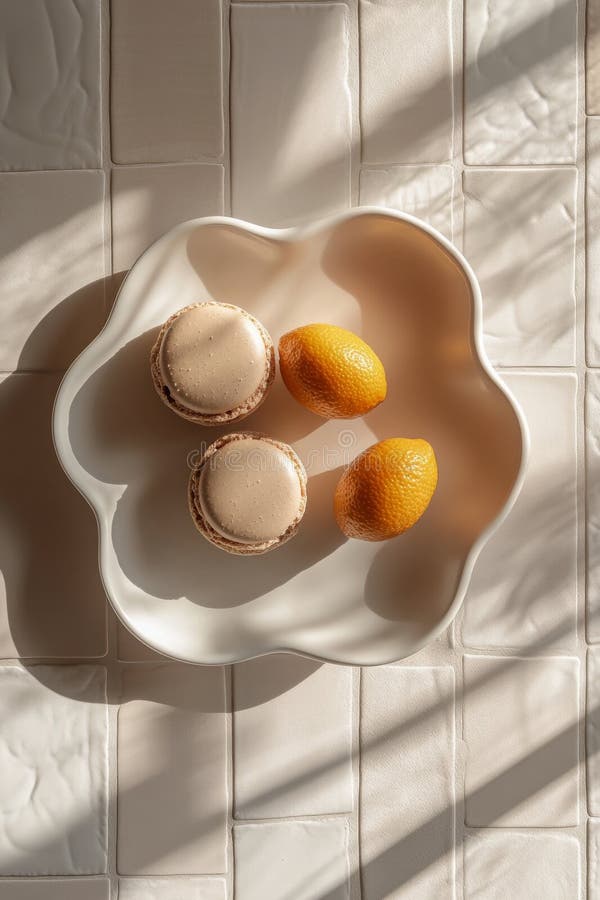 Sweet Macarons and Fresh Oranges on a Simple White Plate Displayed on a ...
