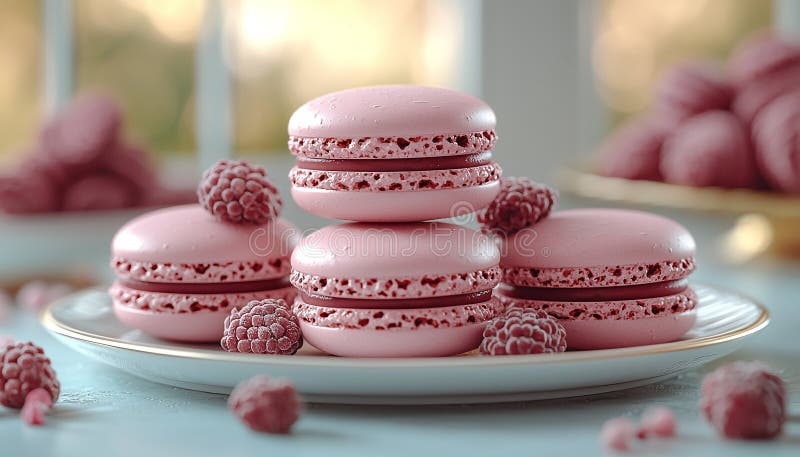 Sweet Macaroon Stack on Pink Plate, Fresh Raspberry Generated by AI ...