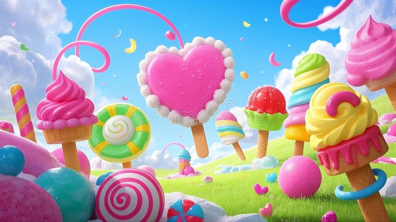 Sweet Magical Landscape with Candy Heart and Ice Cream AI Generated ...