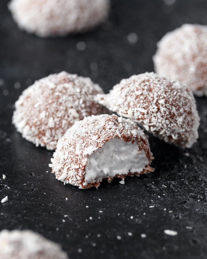 Sweet Mallow Snowballs with Chocolate Coating and Coconut Stock Photo ...