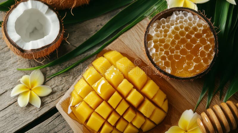 Sweet Mango Cubes Drizzled with Honey and Coconut Stock Illustration ...