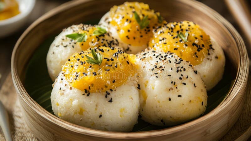 Sweet Mango Rice Cakes in Bamboo Steamer Bowl Stock Illustration ...