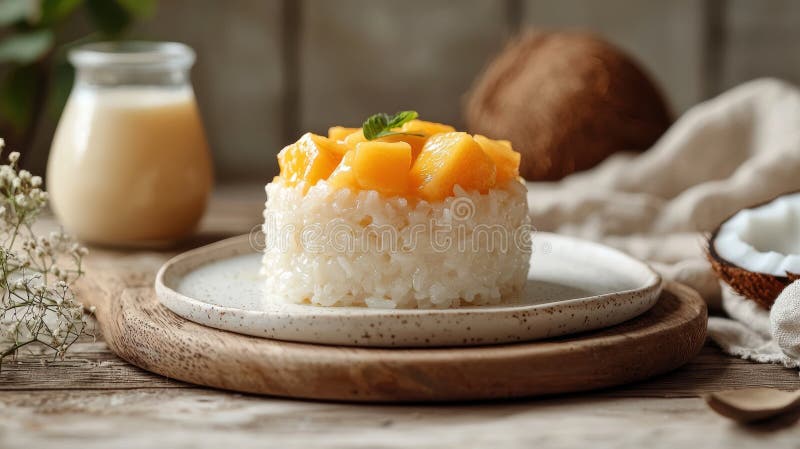 Sweet Mango Sticky Rice Dessert Served on Rustic Plate with Creamy ...