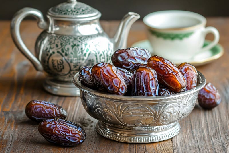 Sweet Medjool Dates in Ornate Silver Bowl Ramadan High Quality Image ...