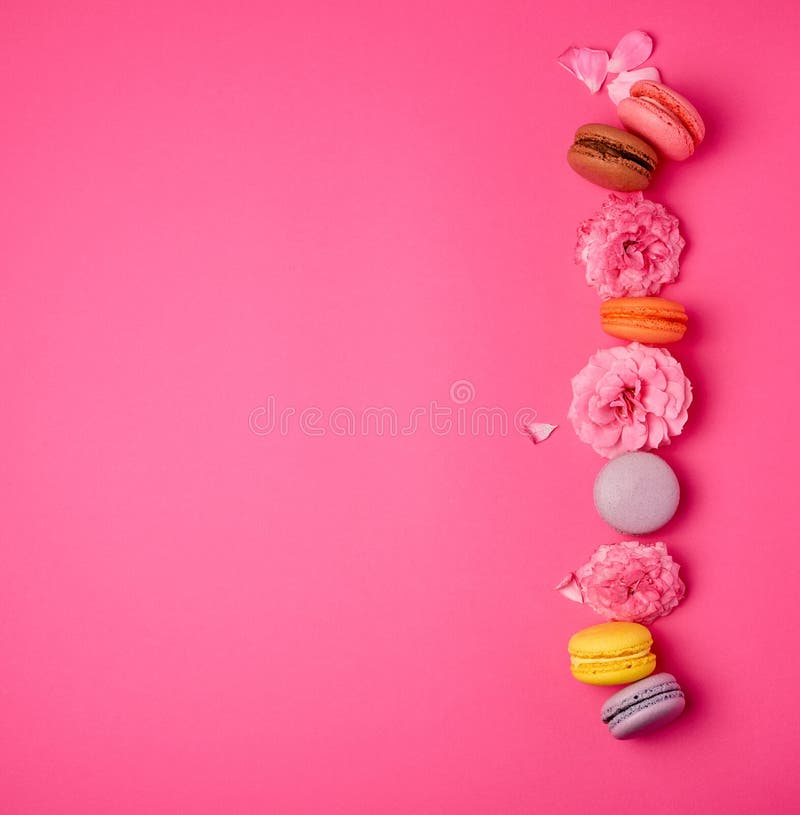 Sweet Multi-colored Macarons with Cream and a Pink Rose Bud Stock Image ...
