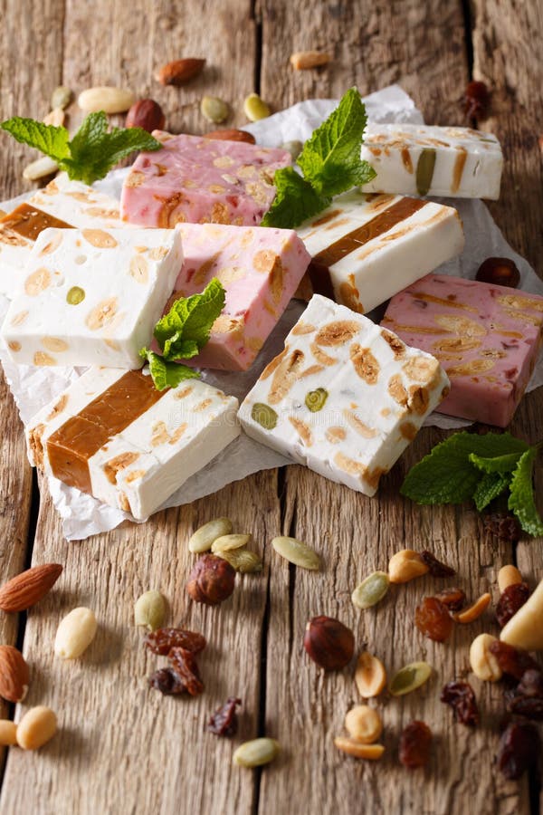 Sweet Nougat with Nuts, Decorated with Mint Closeup on the Paper Stock ...
