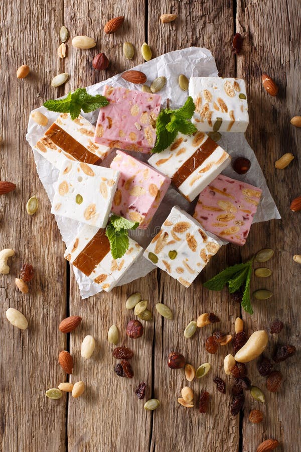 Sweet Nougat with Nuts, Decorated with Mint Closeup on the Paper Stock ...