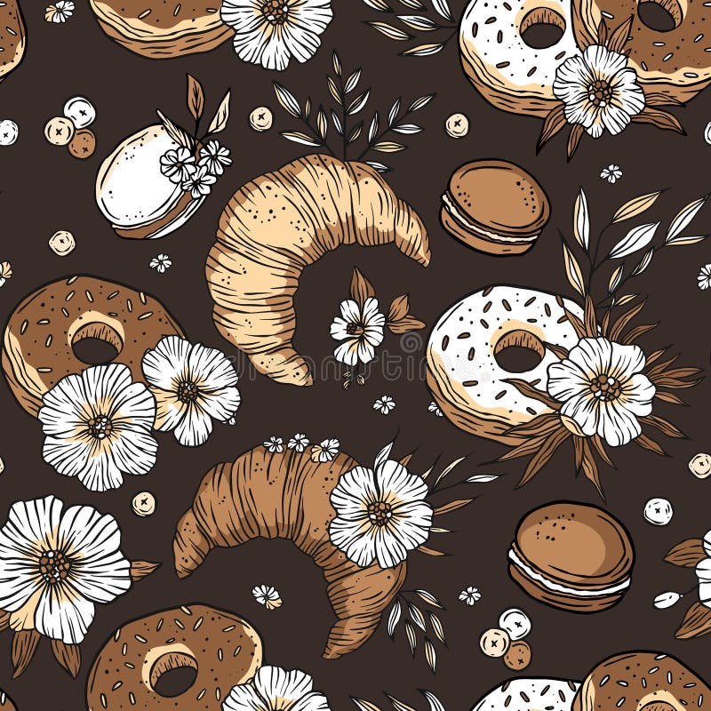 Sweet Pastries Donut Croissant Macaroon Seamless Pattern Vector Stock ...