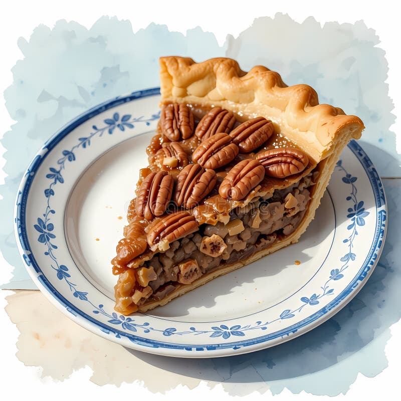 Sweet Pecan Pie Slice on a Plate Stock Illustration - Illustration of ...