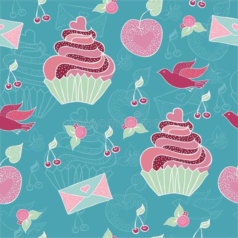 Sweet pink cupcake pattern stock vector. Illustration of blue - 51913965