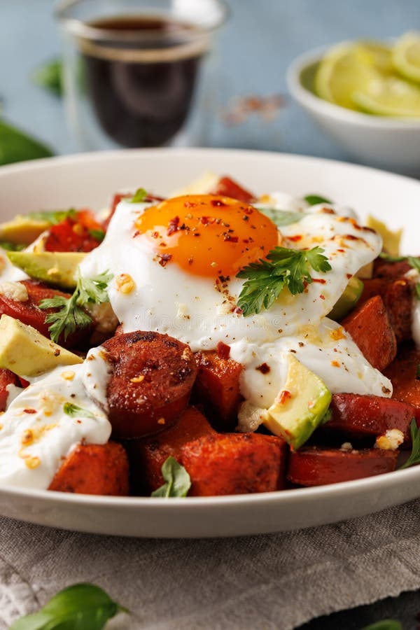 Sweet Potato and Chorizo Hash with Egg, Avocado and Herbs. Stock Photo ...