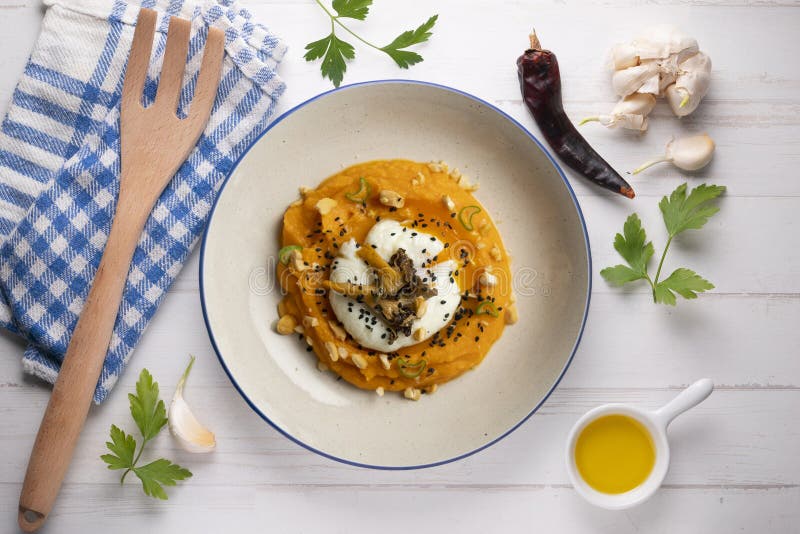 Sweet Potato Cream with Poached Egg and Mushrooms. Top View Table Stock ...