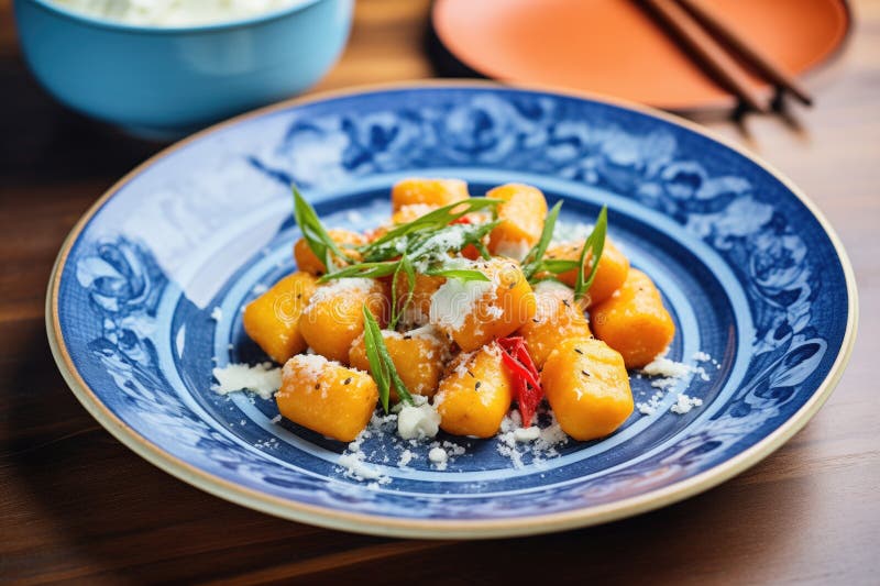 Sweet Potato Gnocchi on a Blue Plate Stock Photo - Image of vegetarian ...