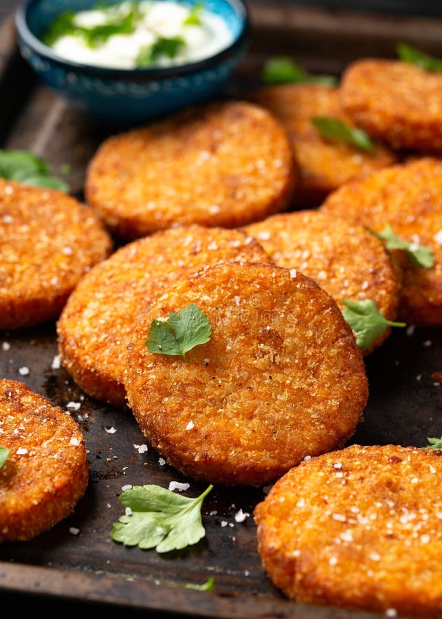 Sweet Potato Hash Brown with Sauce and Herbs Stock Photo - Image of ...