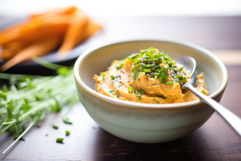 Sweet Potato Hummus with a Sprinkle of Chives, Spoon in Bowl Stock ...