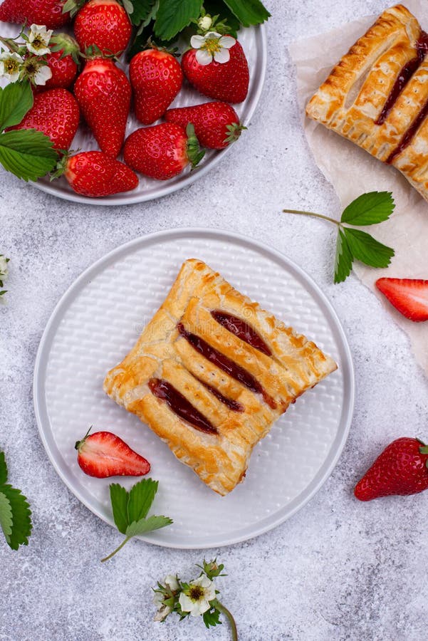 Sweet Puff Pastry Cakes with Strawberry Stock Image - Image of crispy ...