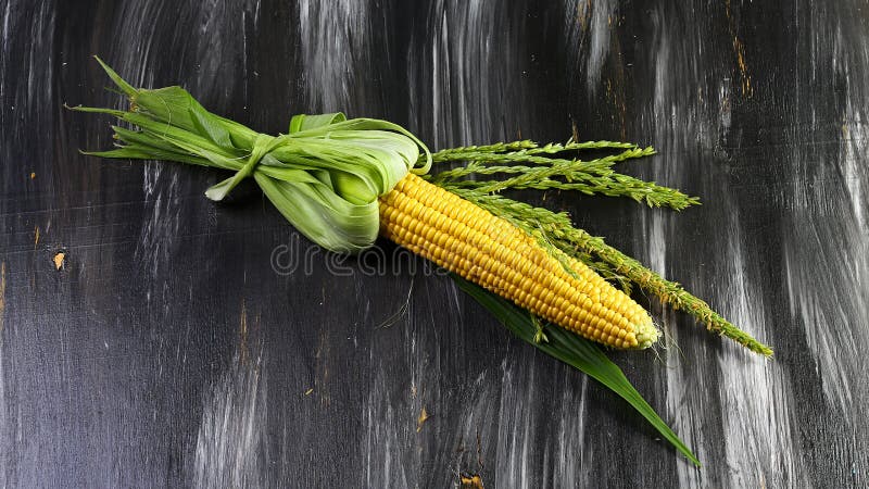 Sweet Raw Corn Ears with Leaves Isolated on a Dark Background. Top View ... Sweet Raw Corn Ears with Leaves Isolated on a Dark Background. Top View ...