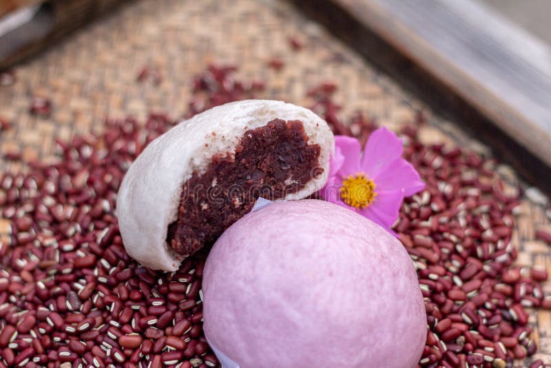Sweet Red Beans Steamed Bun on Red Beans Top View Stock Photo - Image ...