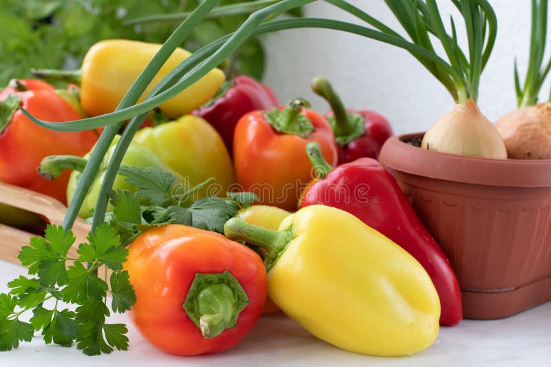 Sweet Red Pepper in a Wooden Tray on a White Table Stock Photo - Image ...
