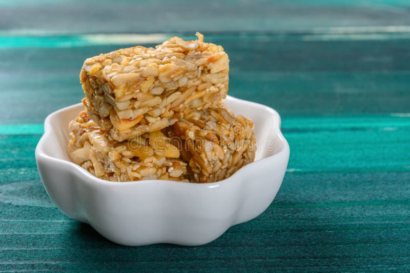 Sweet Rice Puffs Block on Dish with Copy Space Stock Image - Image of ...