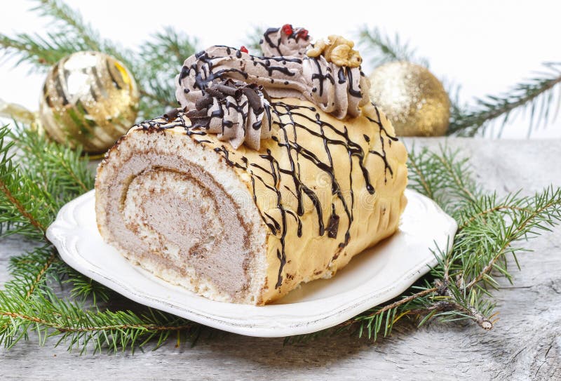 Sweet Roll Cake in Christmas Setting Stock Photo - Image of cookbook ...