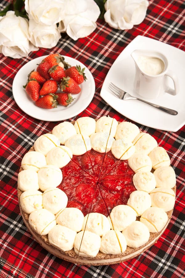 Sweet Round Baked Cake with Strawberries on Red Stock Photo - Image of ...