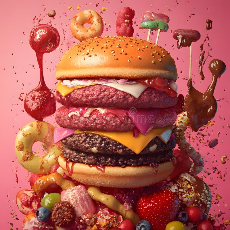 Sweet and Savory 3D Burger Illustration with Exploding Candy and Fruit ...