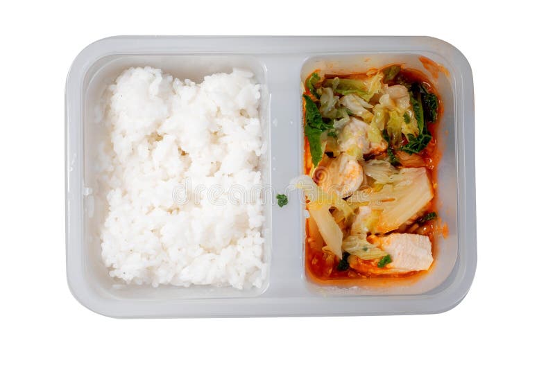 Sweet and Sour Chicken and Rice Ready Meal in a Plastic Container. Top ...