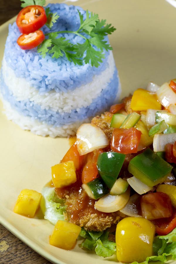 Sweet and Sour Fish with Purple Rice Stock Image - Image of food, white ...