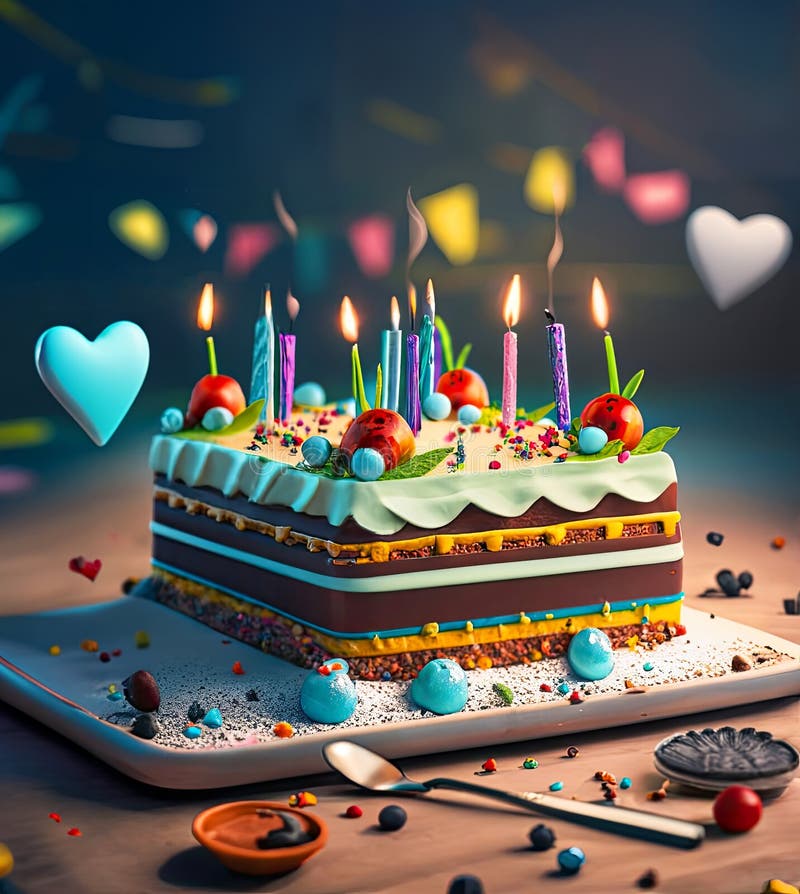 A Sweet Square-shaped Cake with Burning Candles Stock Illustration ...