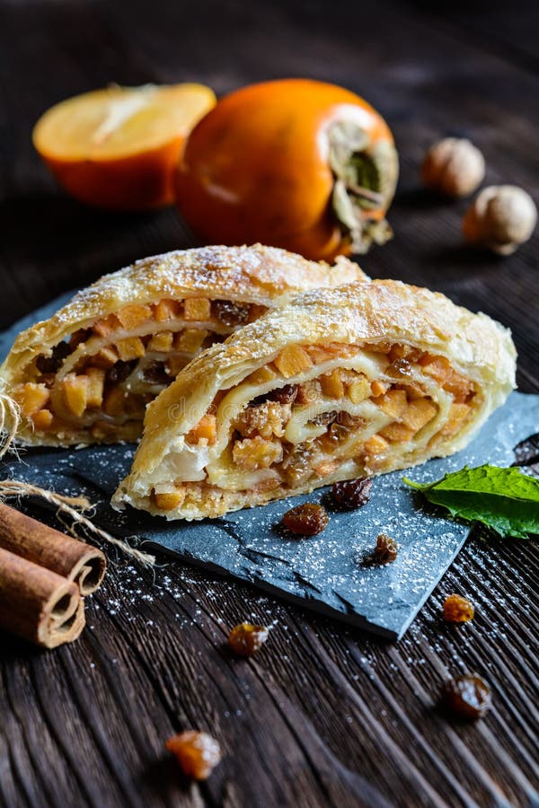 Sweet Strudel with Persimmons, Raisins and Walnuts Stock Image - Image ...