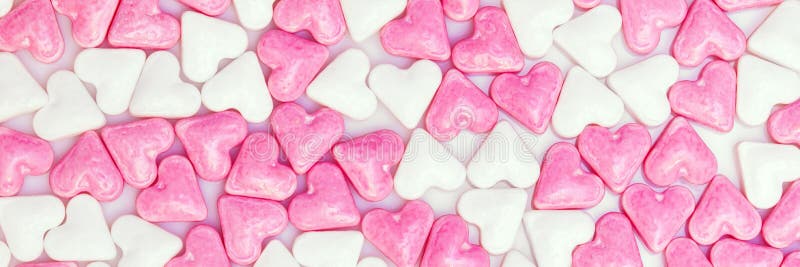 Sugar Hearts Colored White and Pink, Panorama Background Stock Photo ...