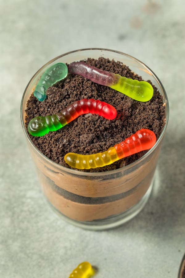 Sweet Sugary Dirt Chocolate Pudding with Gummy Worms Stock Photo ...