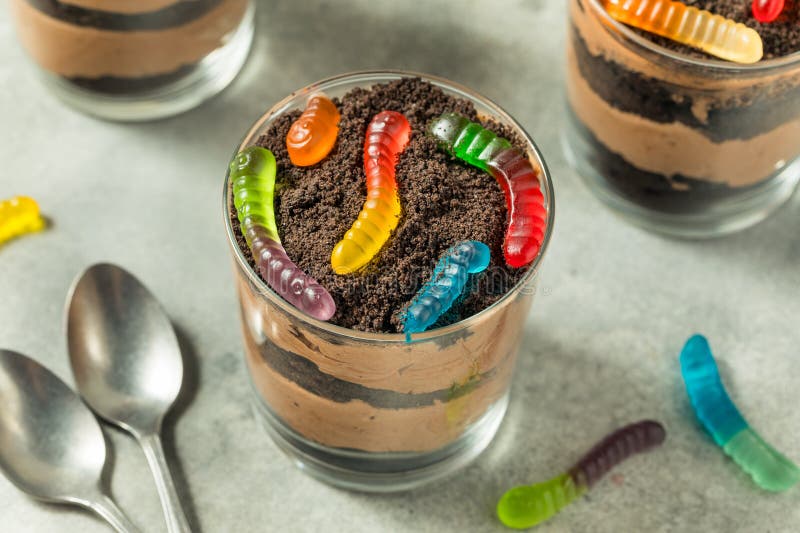 Sweet Sugary Dirt Chocolate Pudding with Gummy Worms Stock Photo ...