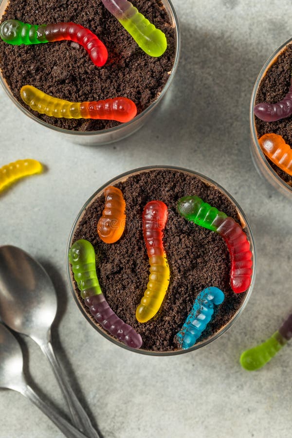 Sweet Sugary Dirt Chocolate Pudding with Gummy Worms Stock Image ...