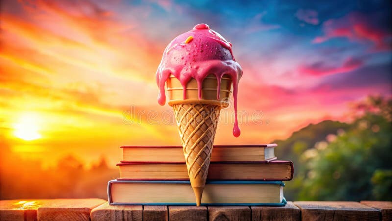 Sweet Summer Sunset Melting Ice Cream Cone Resting on a Stack of Books ...