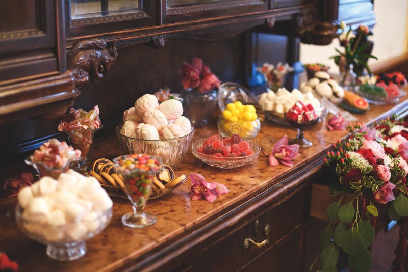 Sweet Table with Marshmallows, Marmalade, Cookies and Sweets. Candy Bar ...
