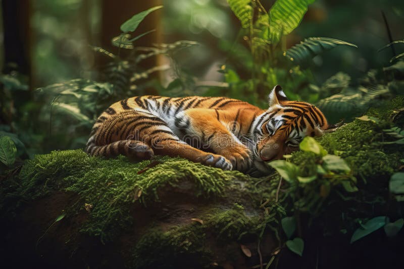Sweet Tiger Cub Sleeps in a Jungle Stock Illustration - Illustration of ...