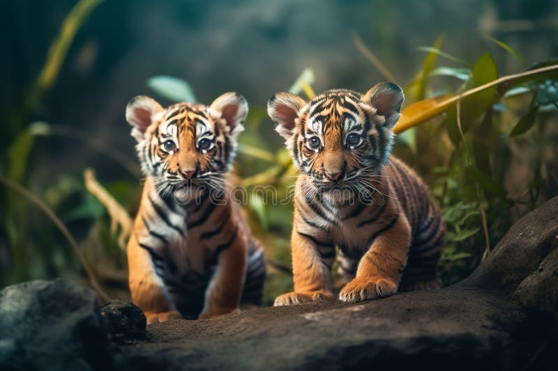 Sweet Tiger Cubs Portraits in a Jungle Stock Illustration ...