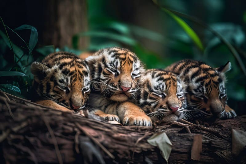 Sweet Tiger Cub Sleeps in a Jungle Stock Illustration - Illustration of ...