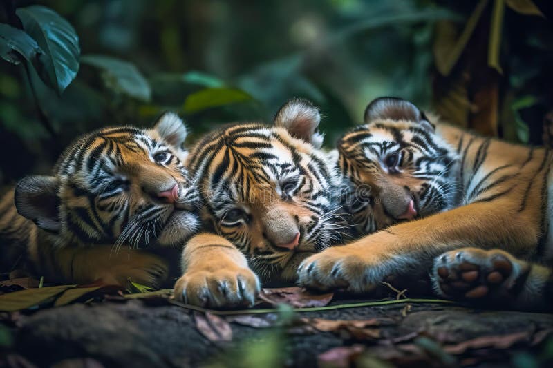 Sweet Tiger Cub Sleeps in a Jungle Stock Illustration - Illustration of ...