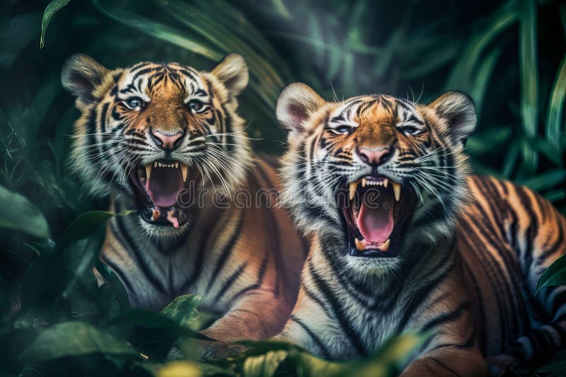 Sweet Tiger Cubs Portraits in a Jungle Stock Illustration ...