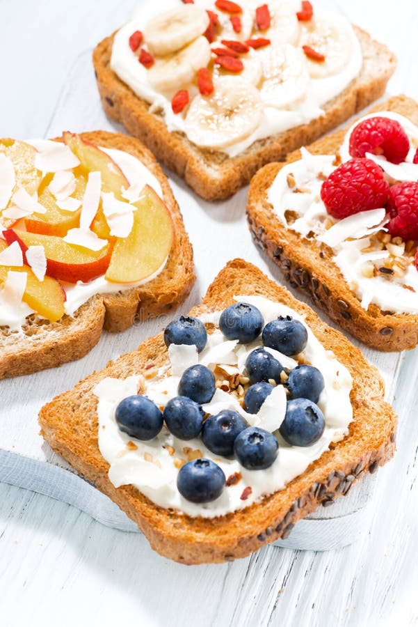 Sweet Toast with Different Toppings, Vertical Top View Stock Photo ...