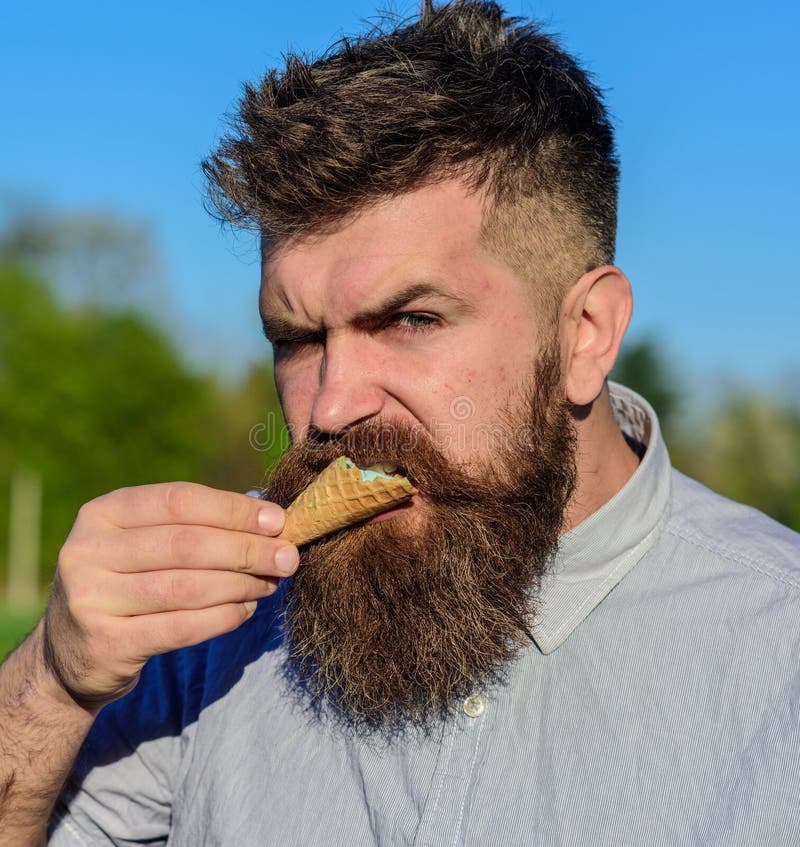 Sweet Tooth Concept Bearded Man With Ice Cream Cone Stock Image