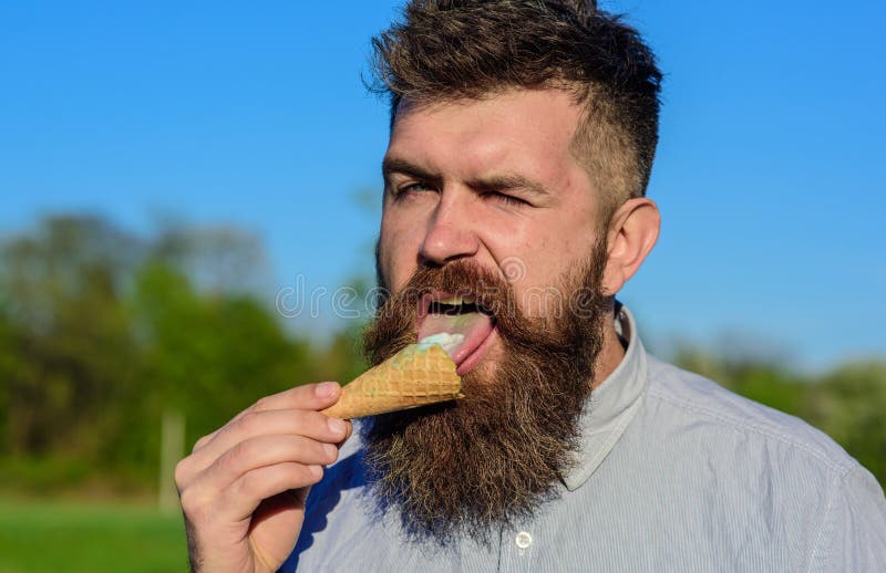 Sweet Tooth Concept Bearded Man With Ice Cream Cone Man With Long