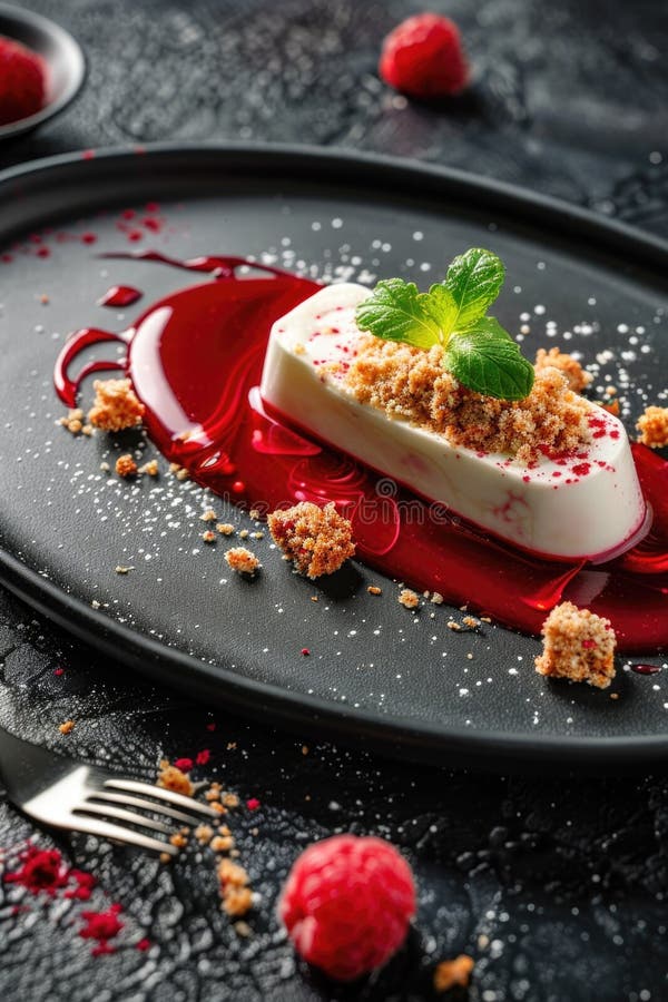 Sweet Treat Served Dark Plate Drizzle Raspberry Sauce Stock Photos ...