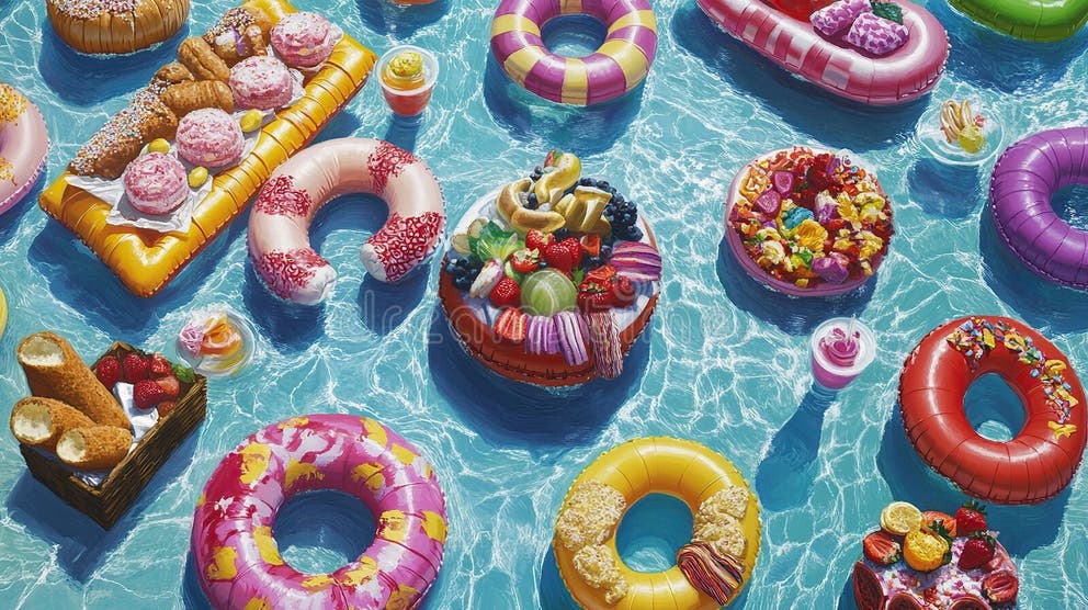 Sweet Treats Float in Summer Pool Scene Stock Image - Image of blue ...