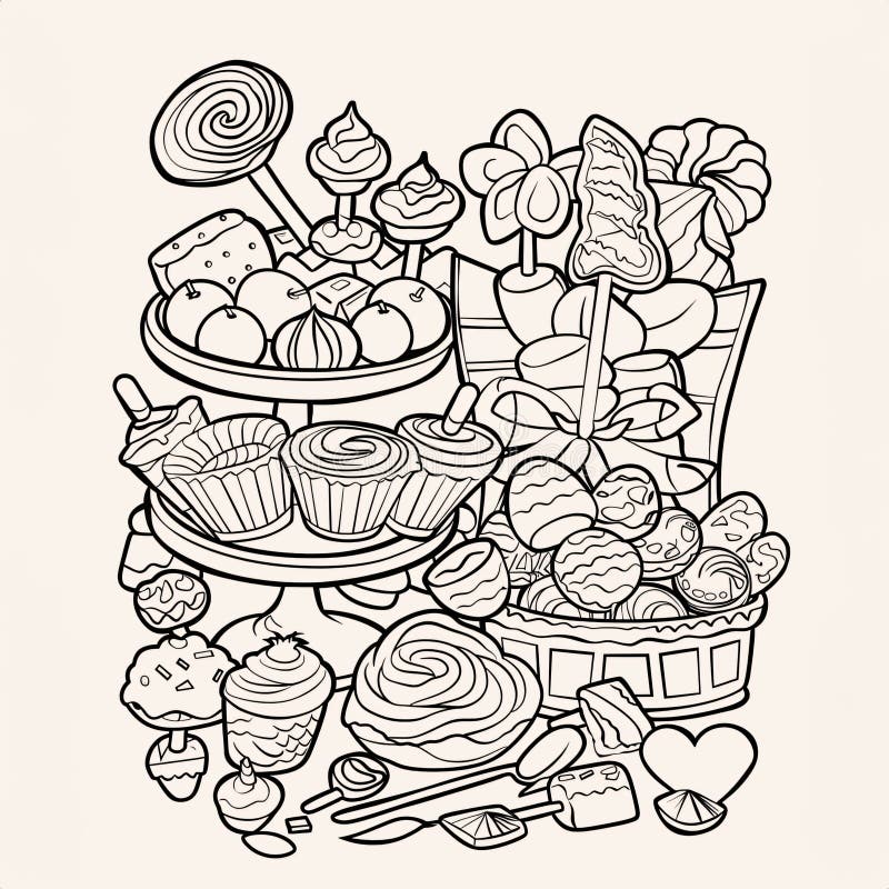 Sweet Treats Scene - a Black and White Drawing of Different Types of ...