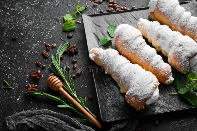 Sweet Tubes with Cream. Sweet Pastries and Dessert Stock Image - Image ...